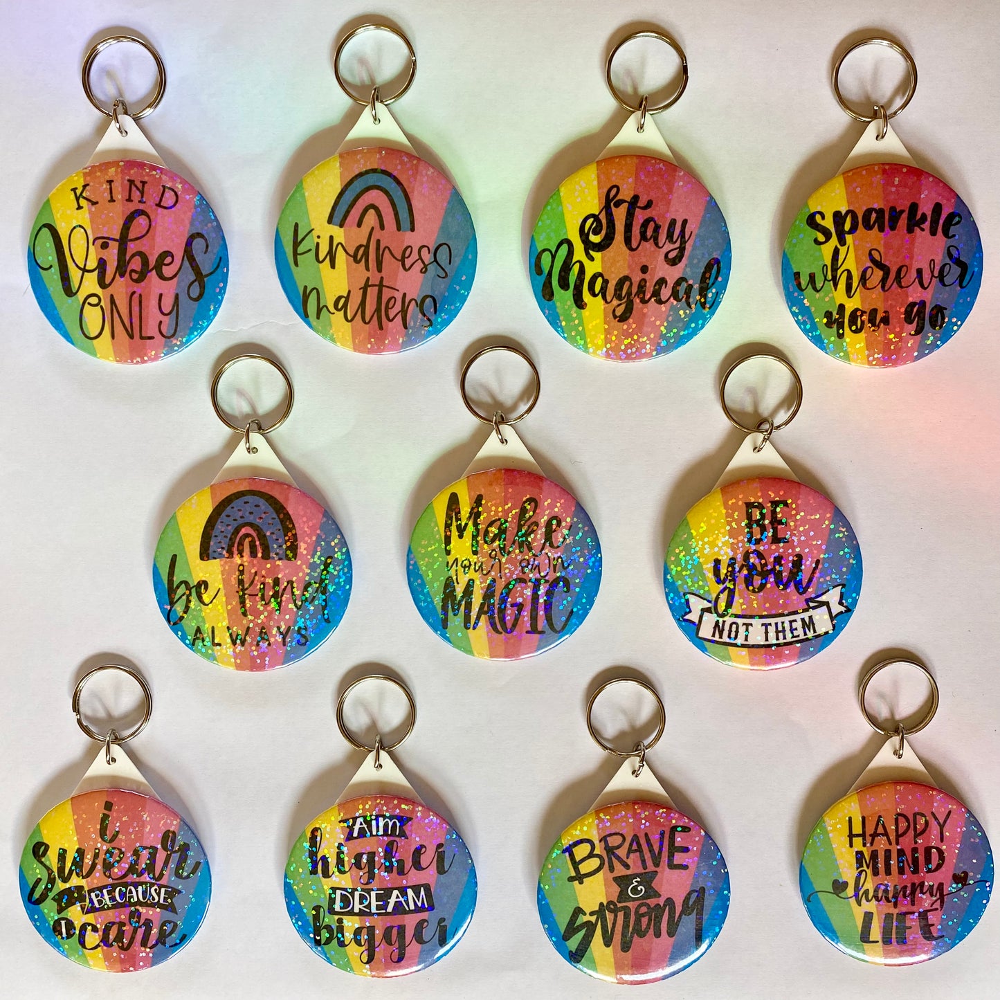 Sparkly Rainbow Affirmation Keyring Round Motivational Keychain ...